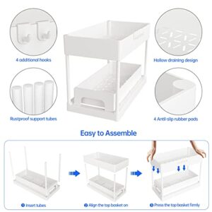 Teliaskin Under Sink Organizers and Storage,2 Tier Under Bathroom Storage Rack with 4 Hooks,Multi-Purpose Storage Shelf for Bathroom Kitchen(White)