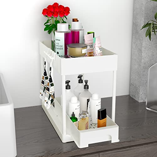 Teliaskin Under Sink Organizers and Storage,2 Tier Under Bathroom Storage Rack with 4 Hooks,Multi-Purpose Storage Shelf for Bathroom Kitchen(White)