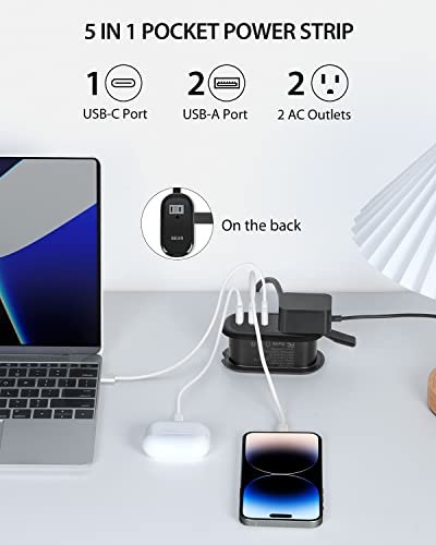 Travel Power Strip with USB Ports, Portable Small Power Strip with 4FT Wrapped Flat Plug Extension Cord, 2 Outlets 3 USB Ports(1 USB C), Non Surge Protector for Cruise Ship Hotel