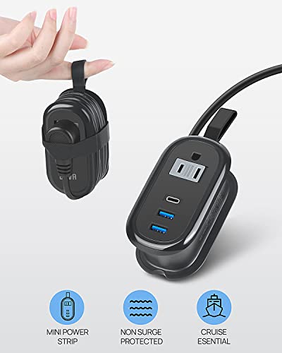 Travel Power Strip with USB Ports, Portable Small Power Strip with 4FT Wrapped Flat Plug Extension Cord, 2 Outlets 3 USB Ports(1 USB C), Non Surge Protector for Cruise Ship Hotel