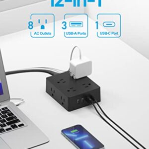 Cruise Essentials, Thin Plug Power Strip with 8 Outlets 4 USB Ports(1 USB C), 5ft Flat Extension Cord, Non Surge Power Strip for Cruise Ship Travel, Dorm Room Essentials