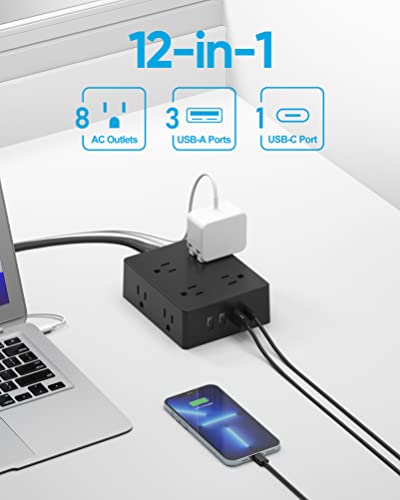 Cruise Essentials, Thin Plug Power Strip with 8 Outlets 4 USB Ports(1 USB C), 5ft Flat Extension Cord, Non Surge Power Strip for Cruise Ship Travel, Dorm Room Essentials