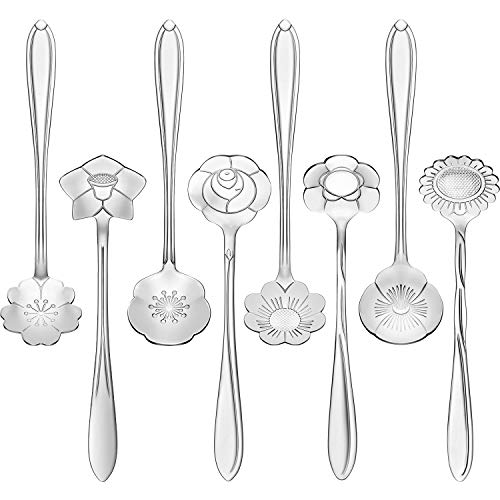 8 Pieces Flower Spoon Coffee Teaspoon Set Stainless Steel Tableware Creative Sugar Spoon Tea Spoon Stir Bar Spoon Stirring Spoon, 8 Different Patterns (Silver)