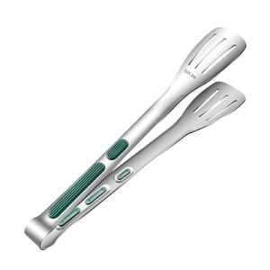 serving tongs kitchen tongs,buffet tongs, silicone non-slip grip tongs， food tong serving tong, bread serving clip, stainless steel kitchen tongs (silver 12in-green handle)