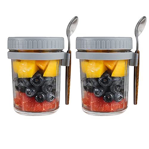 RWUDV Overnight Oats Jars with Spoon and Lid Set of 2, Airtight Oatmeal Container with Measurement Marks Mason Jars with Lid for Cereal on the Go Container for Milk Fruit Vegetable Salad Yogurt