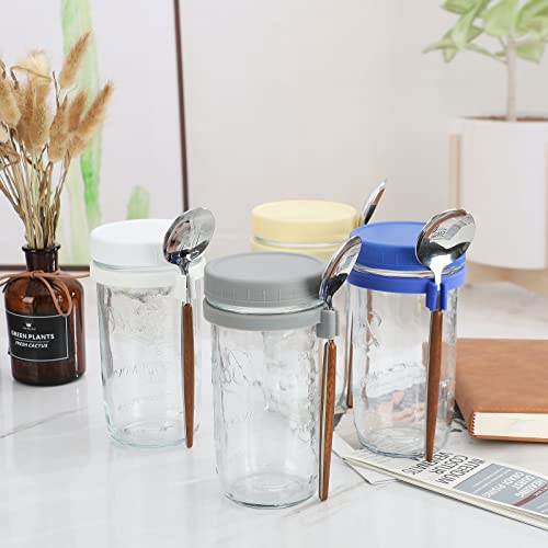 RWUDV Overnight Oats Jars with Spoon and Lid Set of 2, Airtight Oatmeal Container with Measurement Marks Mason Jars with Lid for Cereal on the Go Container for Milk Fruit Vegetable Salad Yogurt