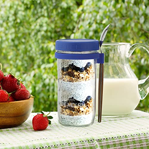 RWUDV Overnight Oats Jars with Spoon and Lid Set of 2, Airtight Oatmeal Container with Measurement Marks Mason Jars with Lid for Cereal on the Go Container for Milk Fruit Vegetable Salad Yogurt