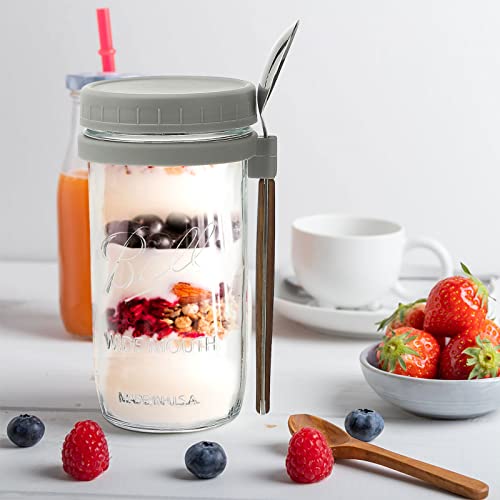 RWUDV Overnight Oats Jars with Spoon and Lid Set of 2, Airtight Oatmeal Container with Measurement Marks Mason Jars with Lid for Cereal on the Go Container for Milk Fruit Vegetable Salad Yogurt