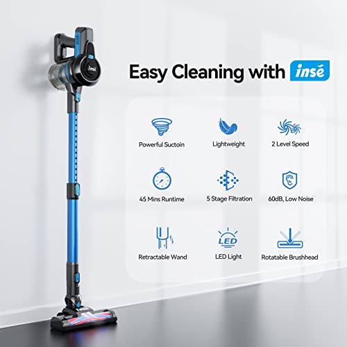 INSE Cordless Vacuum Cleaner, 6-in-1 Powerful Stick Vacuum, Rechargeable Vacuum Cleaner with 2200mAh Battery Up to 45 Mins Runtime, Lightweight Handheld Vacuum for Home Hard Floor Carpet Pet Hair-N6S