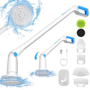 electric spin scrubber, akktol cordless cleaning brush up to 300rpm, 6 replaceable waterproof brush heads and extension arm, 1.5h runtime power shower scrubber for bathroom, tub, tile, floor, wall