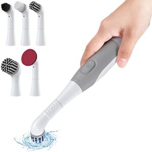 electric cleaning brush, khelfer kh6a electric grout brush ipx7 waterproof, 11″ small cordless power scrubber with 5 replacement brushes for grout, tile crevice, corners, bathtub, kitchen bathroom