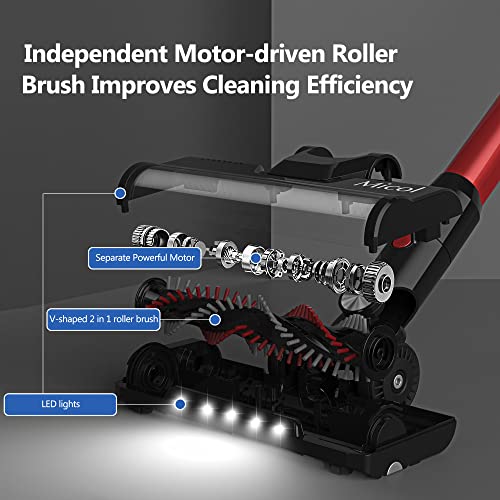 Micol Cordless Vacuum Cleaner, Lightweight Stick Vacuum Cleaner with 30Kpa, Max 50min Runtime, 350W Brushless Motor, LED Display, 6 in 1 Handheld Vacuum Cleaner for Hard Floor Carpet Car Pet Hair, Red