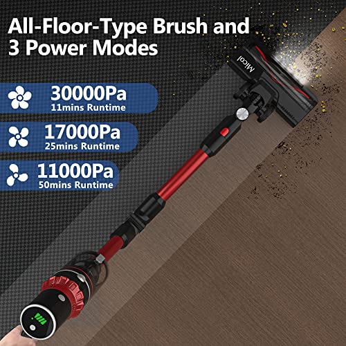 Micol Cordless Vacuum Cleaner, Lightweight Stick Vacuum Cleaner with 30Kpa, Max 50min Runtime, 350W Brushless Motor, LED Display, 6 in 1 Handheld Vacuum Cleaner for Hard Floor Carpet Car Pet Hair, Red