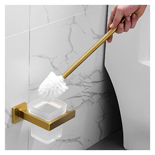 Brushed Gold Toilet Brush Holder with Glass Cup Stainless Steel 304 Square Wall Mounted Gold Bathroom Accessories Set Bathroom Accessories