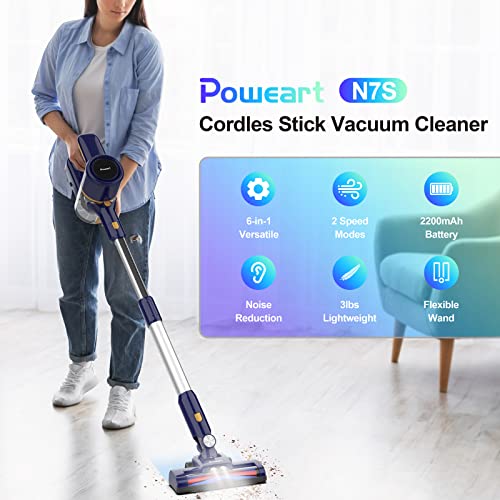 POWEART Cordless Vacuum Cleaner, 6 in 1 Multifunction Cordless Stick Vacuum, 2200mAh Vacuum Cleaner Rechargeable, Lightweight Vacuum Cleaner Hardwood Floor Pet Hair Home