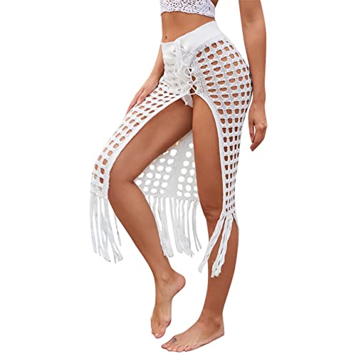 Solid Skirt Beach Sexy Hollow Fringed Color Knitted Summer Split Ripped Women's Skirt Skirt Sequin Skirts for Women Pencil (White, XL)