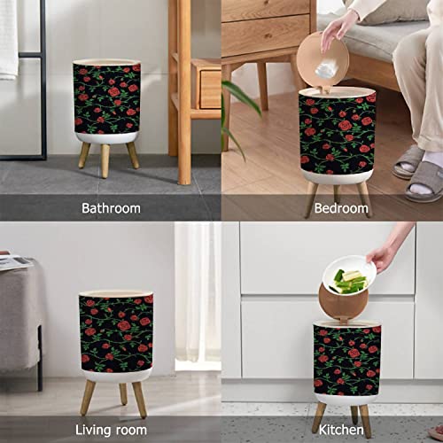 Small Trash Can with Lid Red Rose Floral Seamless with Climbing Curly Flower Green Leaf and Wood Legs Press Cover Garbage Bin Round Waste Bin Wastebasket for Kitchen Bathroom Office 7L/1.8 Gallon