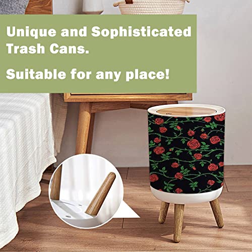 Small Trash Can with Lid Red Rose Floral Seamless with Climbing Curly Flower Green Leaf and Wood Legs Press Cover Garbage Bin Round Waste Bin Wastebasket for Kitchen Bathroom Office 7L/1.8 Gallon