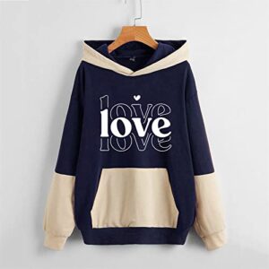 Women Casual Sweashirt Colorblock Hooded Print Pockets Hooded Sweashirt X Large (Dark Blue, M)