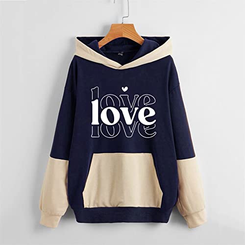 Women Casual Sweashirt Colorblock Hooded Print Pockets Hooded Sweashirt X Large (Dark Blue, M)