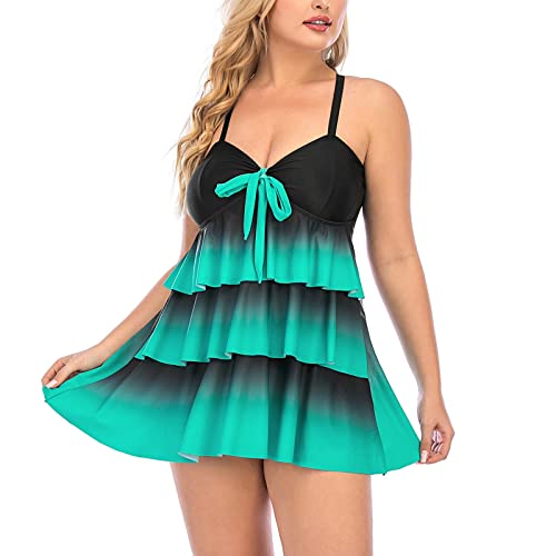 Plus Size Swimming Costume Plump Women Swimwear Tummy Control Full Coverage Ruffled Bohemian Swimdress Swim Suit (Blue, XXXL)