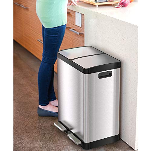 iTouchless 16 Gallon Kitchen Dual Step Trash Can & Recycle Bin, Stainless Steel, includes 2 x 8 Gallon (30L) Removable Inner Buckets, Soft Close Lid and Airtight, for Home, Office, Business