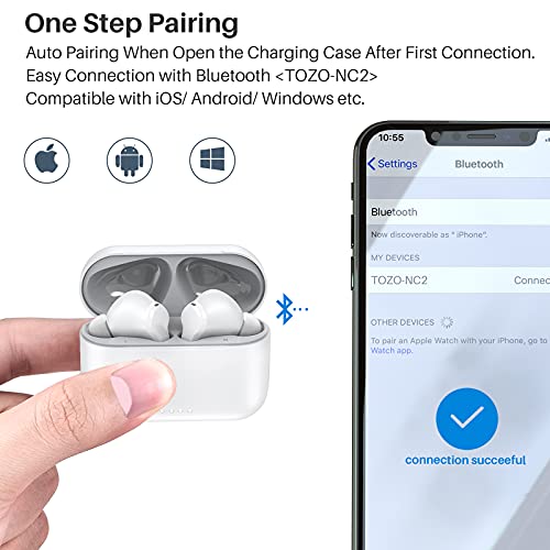 TOZO NC2 Hybrid Active Noise Cancelling Wireless Earbuds, in-Ear Detection Headphones, IPX6 Waterproof Bluetooth 5.2 Stereo Earphones, Immersive Sound Premium Deep Bass Headset, White