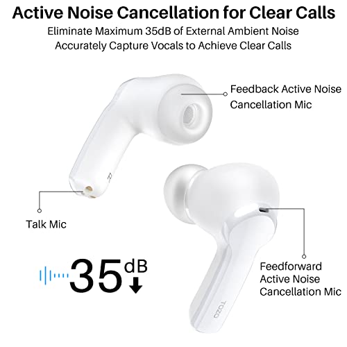 TOZO NC2 Hybrid Active Noise Cancelling Wireless Earbuds, in-Ear Detection Headphones, IPX6 Waterproof Bluetooth 5.2 Stereo Earphones, Immersive Sound Premium Deep Bass Headset, White