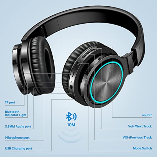 Picun B12 Wireless Bluetooth Headphones,HD Stereo Sound Over Ear Headphones with Built-in Microphones, Deep Bass 20 Hours Playtime, Fast Charge Bluetooth 5.2 Headset for Adults, School, Travel, Black