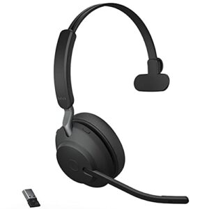 jabra evolve2 65 uc wireless headset with link380a, mono, black – wireless bluetooth headset for calls and music, 37 hours of battery life, passive noise cancelling headphones