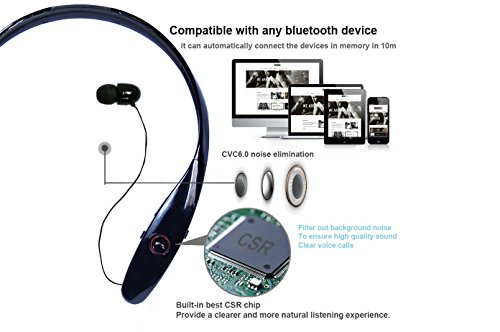 Tone Infinim HBS-900 Bluetooth Headset, Neckband Headphones with Retractable Earbuds for Running/Sports Water-Proof Noise Canceling Wireless Earbuds for LG iPhone Android/All (Black .)