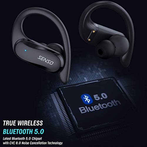 Senso Wireless Earbuds - Bluetooth True Wireless Earphones - TWS Best Sport Headphones for Workout Noise Cancelling Sweatproof Ear Buds with Mic 40 Hours Playtime for iPhone, Running, Gym