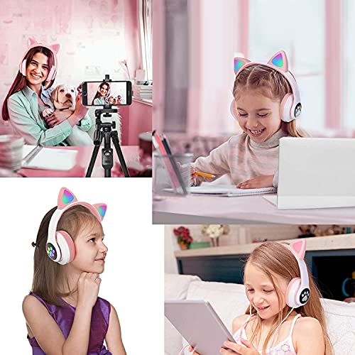 TOKANI Kids Headphones, Bluetooth Wireless Headphones for Kids Teens Adults, Over-Ear Bluetooth Headphones with Microphone, Cat Ear Headphones for Girls Women (Pink)