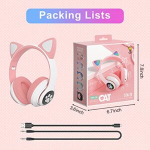 TOKANI Kids Headphones, Bluetooth Wireless Headphones for Kids Teens Adults, Over-Ear Bluetooth Headphones with Microphone, Cat Ear Headphones for Girls Women (Pink)