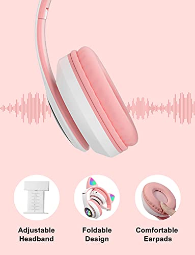 TOKANI Kids Headphones, Bluetooth Wireless Headphones for Kids Teens Adults, Over-Ear Bluetooth Headphones with Microphone, Cat Ear Headphones for Girls Women (Pink)