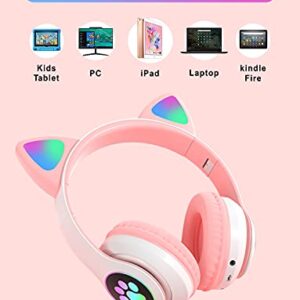 TOKANI Kids Headphones, Bluetooth Wireless Headphones for Kids Teens Adults, Over-Ear Bluetooth Headphones with Microphone, Cat Ear Headphones for Girls Women (Pink)