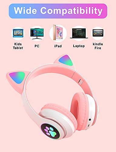 TOKANI Kids Headphones, Bluetooth Wireless Headphones for Kids Teens Adults, Over-Ear Bluetooth Headphones with Microphone, Cat Ear Headphones for Girls Women (Pink)