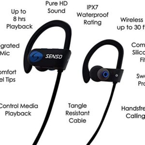 Senso Bluetooth Headphones, Best Wireless Sports Earphones w/Mic IPX7 Waterproof HD Stereo Sweatproof Earbuds for Gym Running Workout 8 Hour Battery Noise Cancelling Headsets (Black Blue)