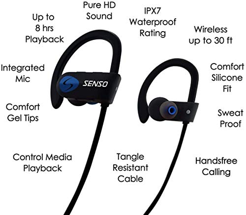 Senso Bluetooth Headphones, Best Wireless Sports Earphones w/Mic IPX7 Waterproof HD Stereo Sweatproof Earbuds for Gym Running Workout 8 Hour Battery Noise Cancelling Headsets (Black Blue)