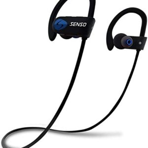 Senso Bluetooth Headphones, Best Wireless Sports Earphones w/Mic IPX7 Waterproof HD Stereo Sweatproof Earbuds for Gym Running Workout 8 Hour Battery Noise Cancelling Headsets (Black Blue)