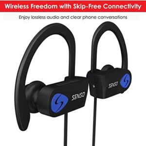 Senso Bluetooth Headphones, Best Wireless Sports Earphones w/Mic IPX7 Waterproof HD Stereo Sweatproof Earbuds for Gym Running Workout 8 Hour Battery Noise Cancelling Headsets (Black Blue)