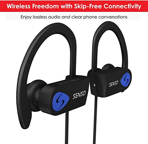 Senso Bluetooth Headphones, Best Wireless Sports Earphones w/Mic IPX7 Waterproof HD Stereo Sweatproof Earbuds for Gym Running Workout 8 Hour Battery Noise Cancelling Headsets (Black Blue)