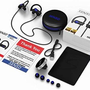 Senso Bluetooth Headphones, Best Wireless Sports Earphones w/Mic IPX7 Waterproof HD Stereo Sweatproof Earbuds for Gym Running Workout 8 Hour Battery Noise Cancelling Headsets (Black Blue)