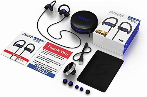 Senso Bluetooth Headphones, Best Wireless Sports Earphones w/Mic IPX7 Waterproof HD Stereo Sweatproof Earbuds for Gym Running Workout 8 Hour Battery Noise Cancelling Headsets (Black Blue)