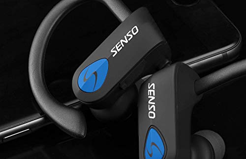 Senso Bluetooth Headphones, Best Wireless Sports Earphones w/Mic IPX7 Waterproof HD Stereo Sweatproof Earbuds for Gym Running Workout 8 Hour Battery Noise Cancelling Headsets (Black Blue)