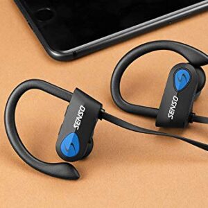 Senso Bluetooth Headphones, Best Wireless Sports Earphones w/Mic IPX7 Waterproof HD Stereo Sweatproof Earbuds for Gym Running Workout 8 Hour Battery Noise Cancelling Headsets (Black Blue)