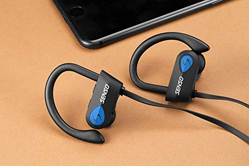 Senso Bluetooth Headphones, Best Wireless Sports Earphones w/Mic IPX7 Waterproof HD Stereo Sweatproof Earbuds for Gym Running Workout 8 Hour Battery Noise Cancelling Headsets (Black Blue)