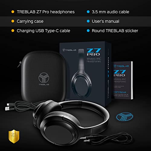 TREBLAB Z7 PRO - Hybryd Active Noise Canceling Headphones with Mic - 45H Playtime & USB-C Fast Charging, ANC Wireless Over Ear Bluetooth Headphones w/aptX, Stereo Sound, Touch Control (Grey)