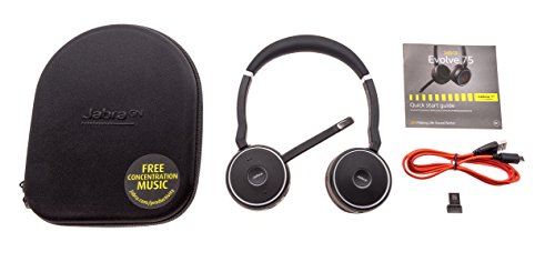 Jabra Evolve 75 UC Stereo Wireless Bluetooth Headset / Music Headphones Including Link 370 (U.S. Retail Packaging), Black