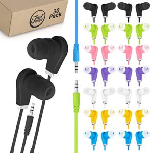 justjamz earbuds bulk bits, 30 pack | multicolored earbuds pack, in-ear 3.5mm stereo in-ear earphones, ear buds bulk, disposable headphones, multi-color earphones | school, kids, classroom, library